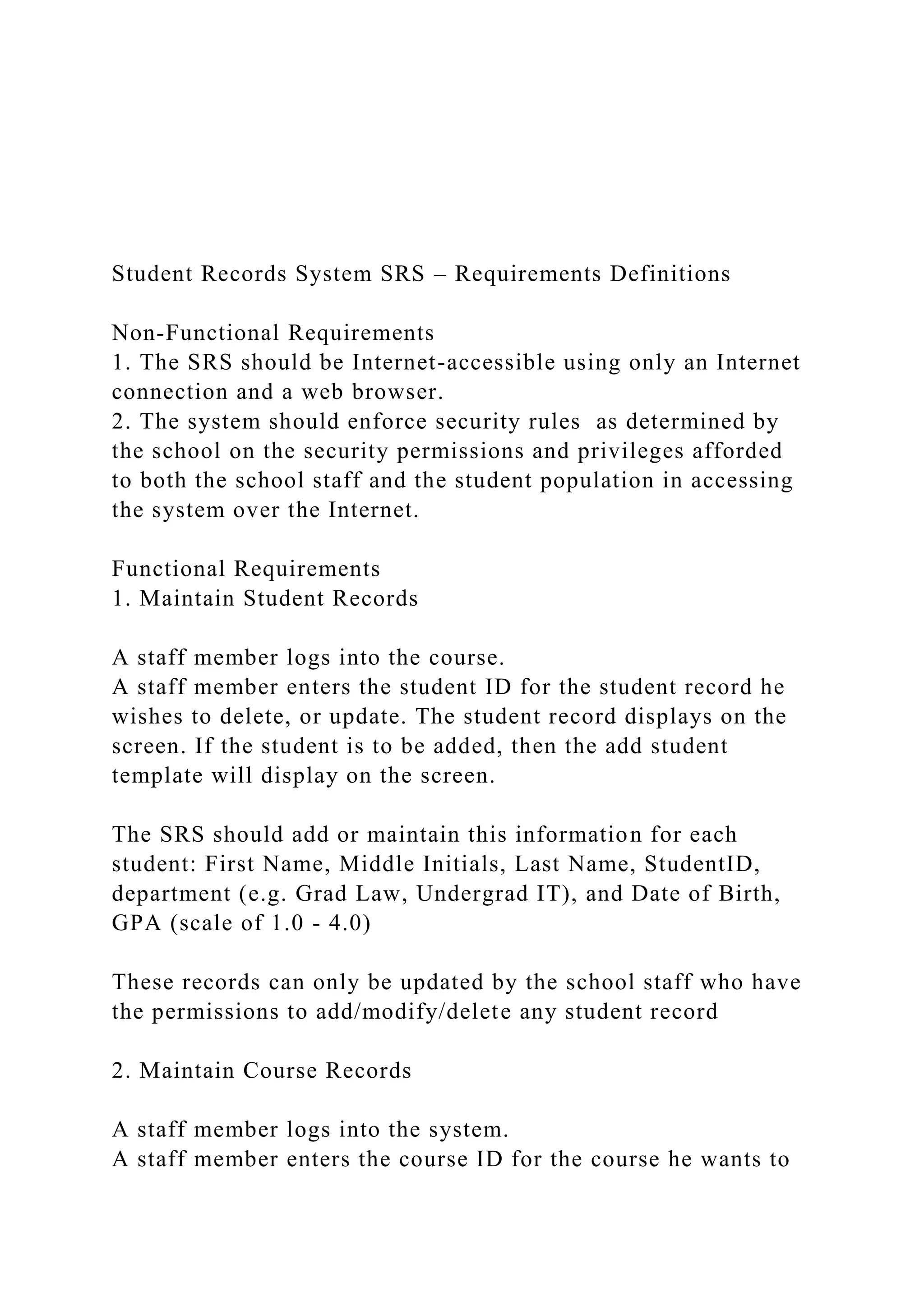 Student Records System SRS – Requirements DefinitionsNon.docx | Secondary Education | Education