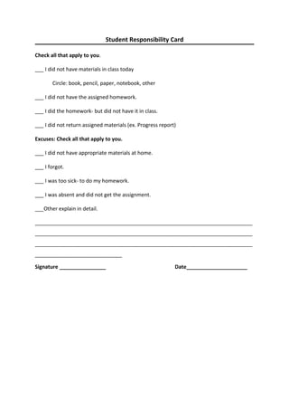 Student responsibility card | PDF