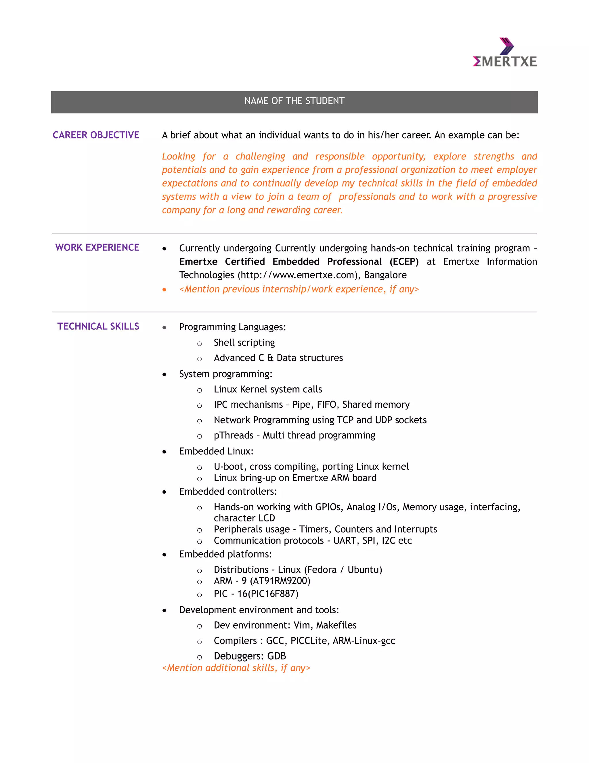 Embedded systems course - student resume template | PDF