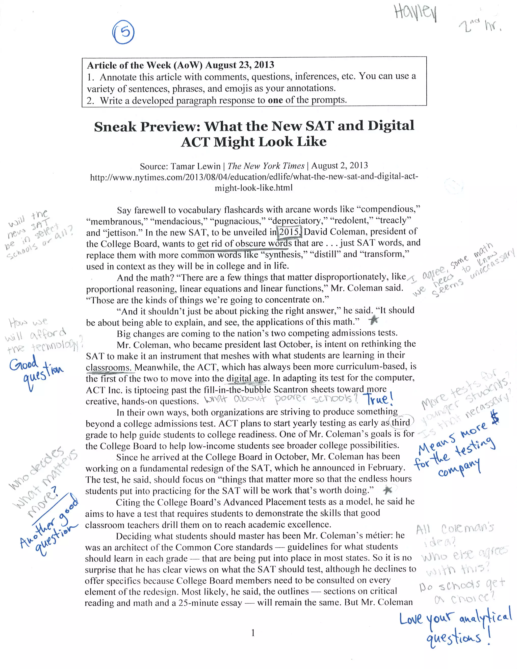 Student Samples: Article of the Week | PDF