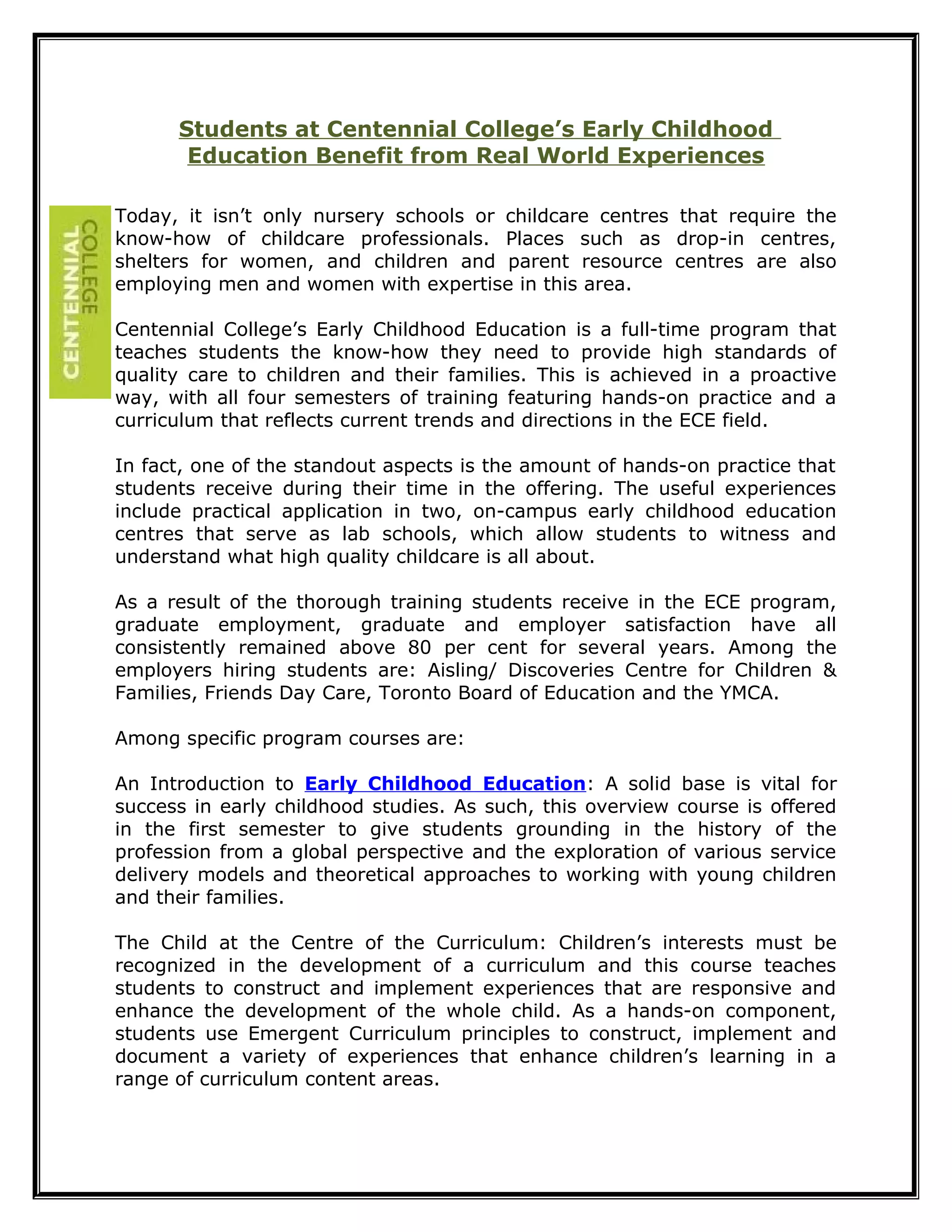 Students at centennial college's early childhood education benefit from real world experiences | DOC