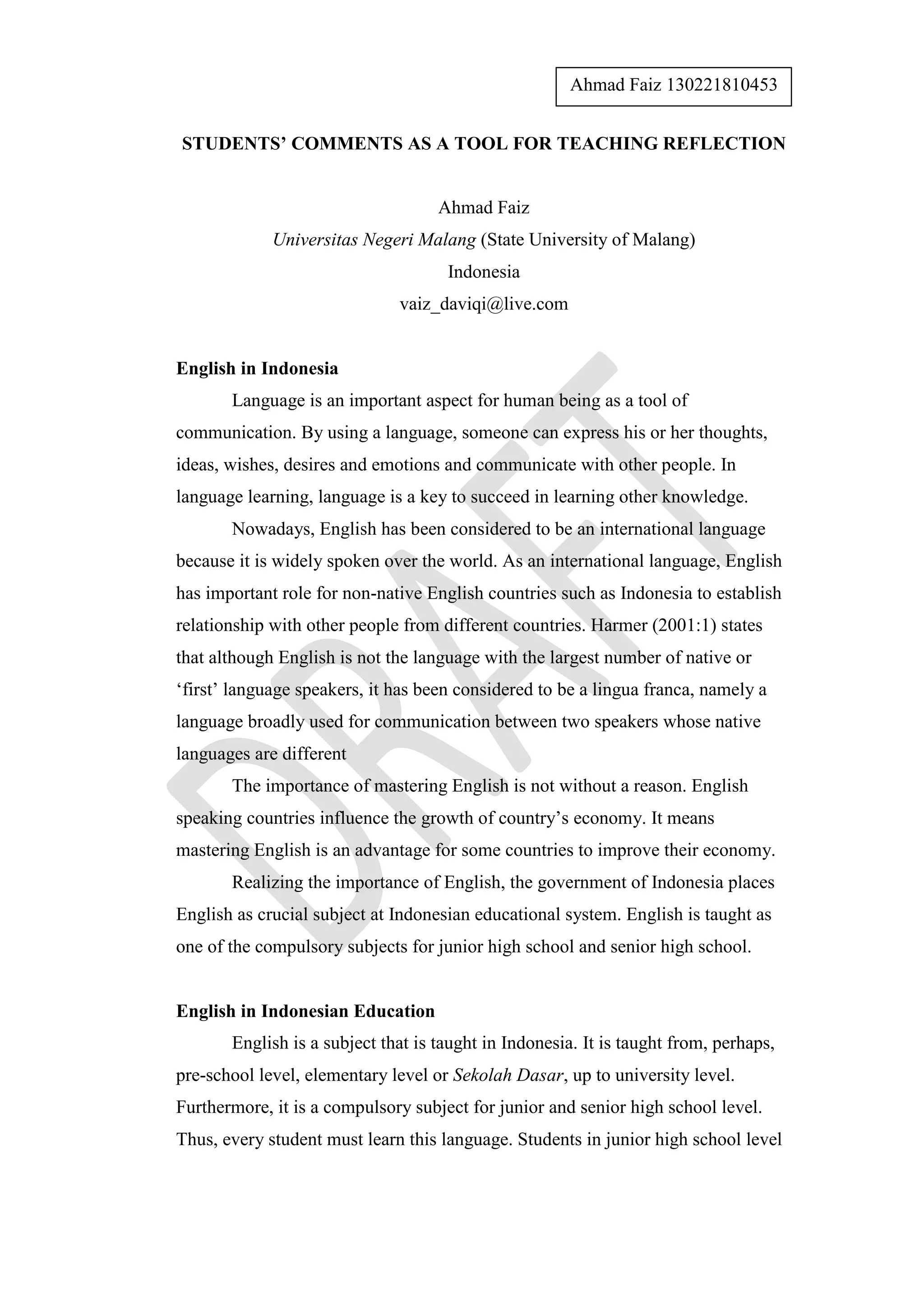 Students’ comments as a tool for teaching reflection | PDF