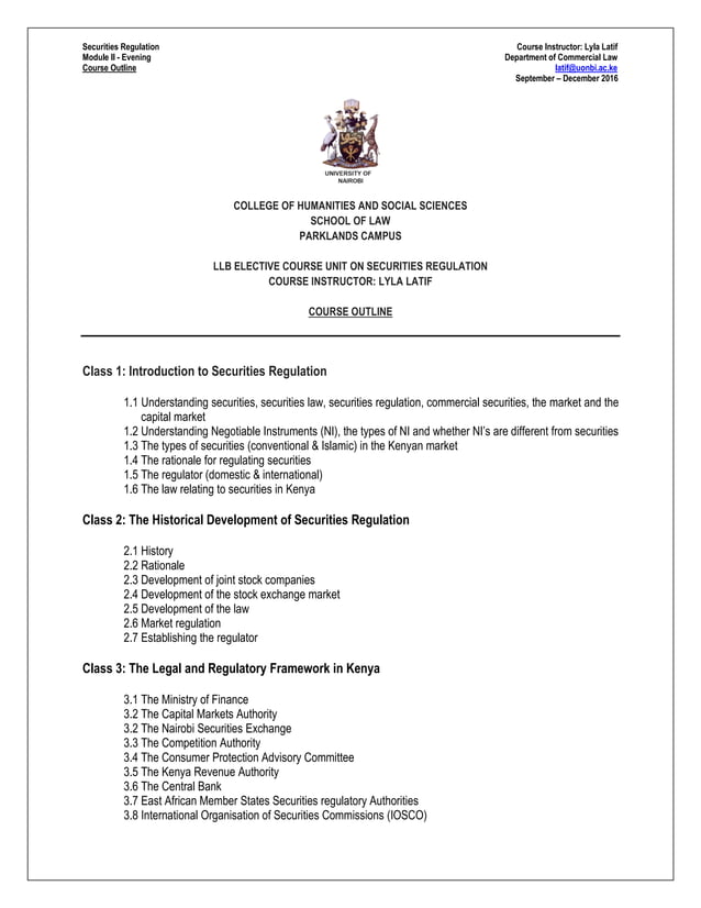 Securities Regulation Course Outline | PDF