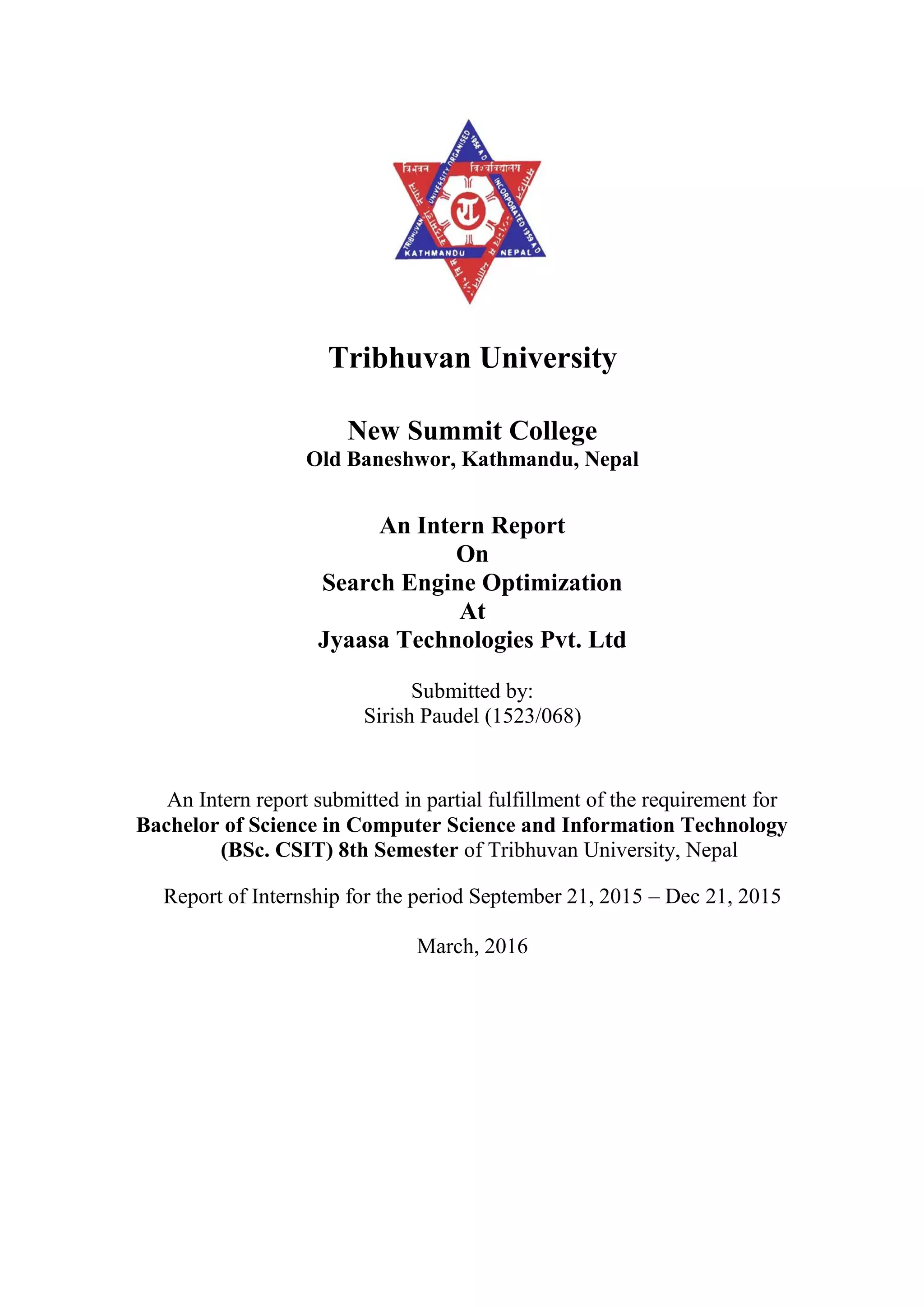 BSC CSIT Final Year Internship Experience Report on SEO | PDF