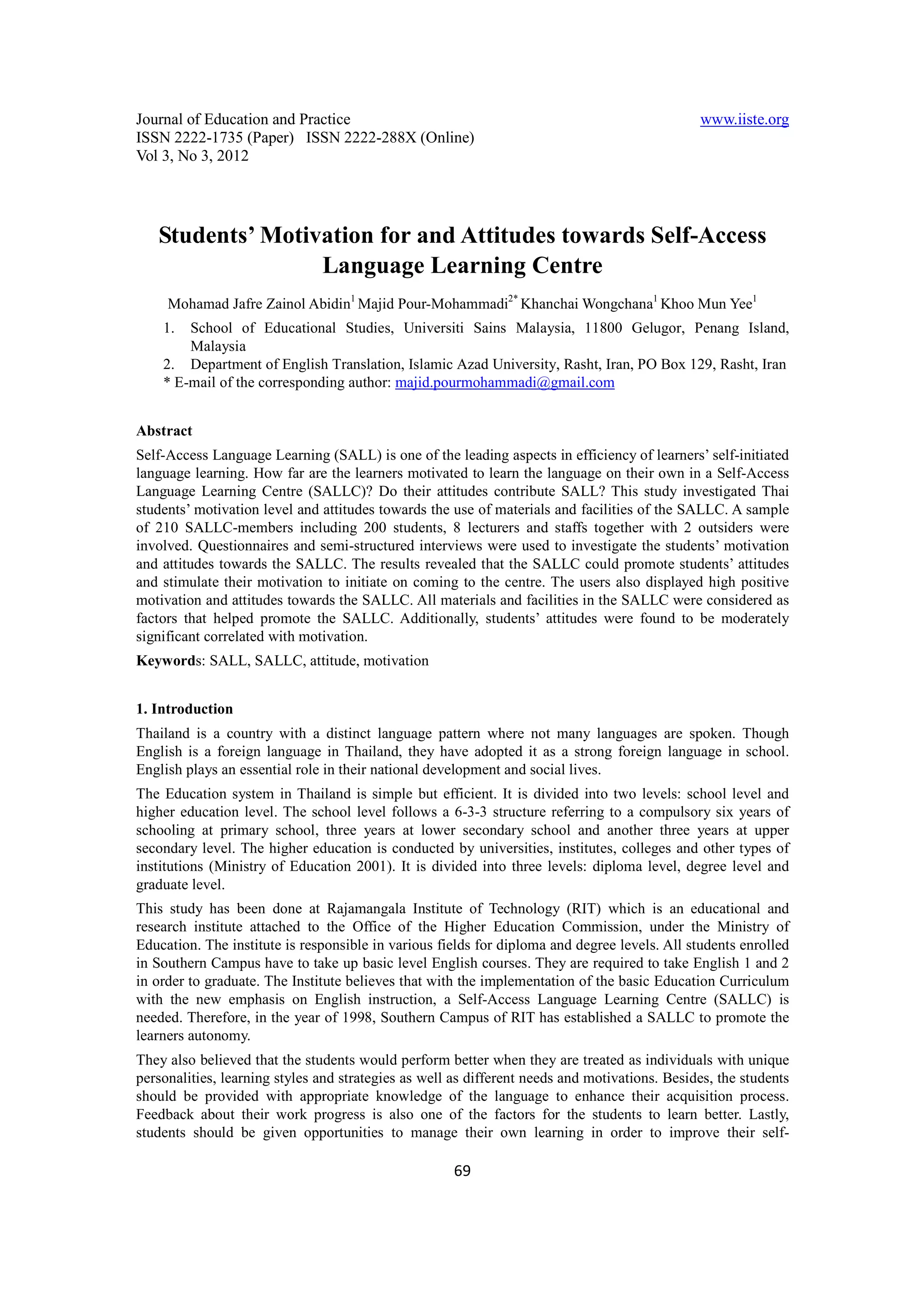 Students’ motivation for and attitudes towards self access language ...