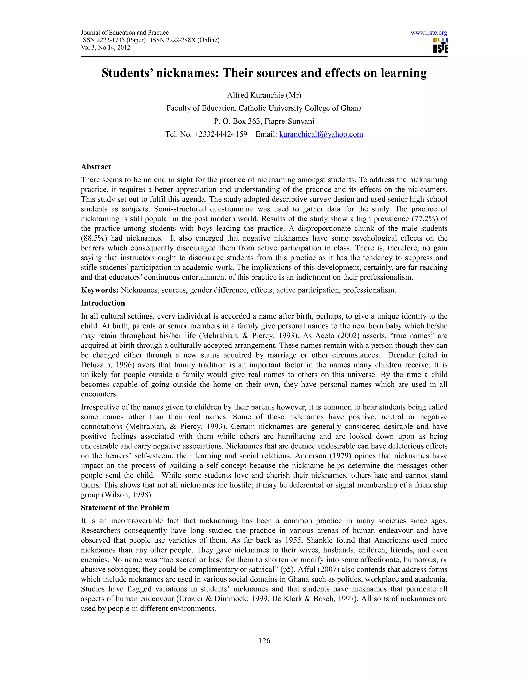 Students’ nicknames their sources and effects on learning | PDF