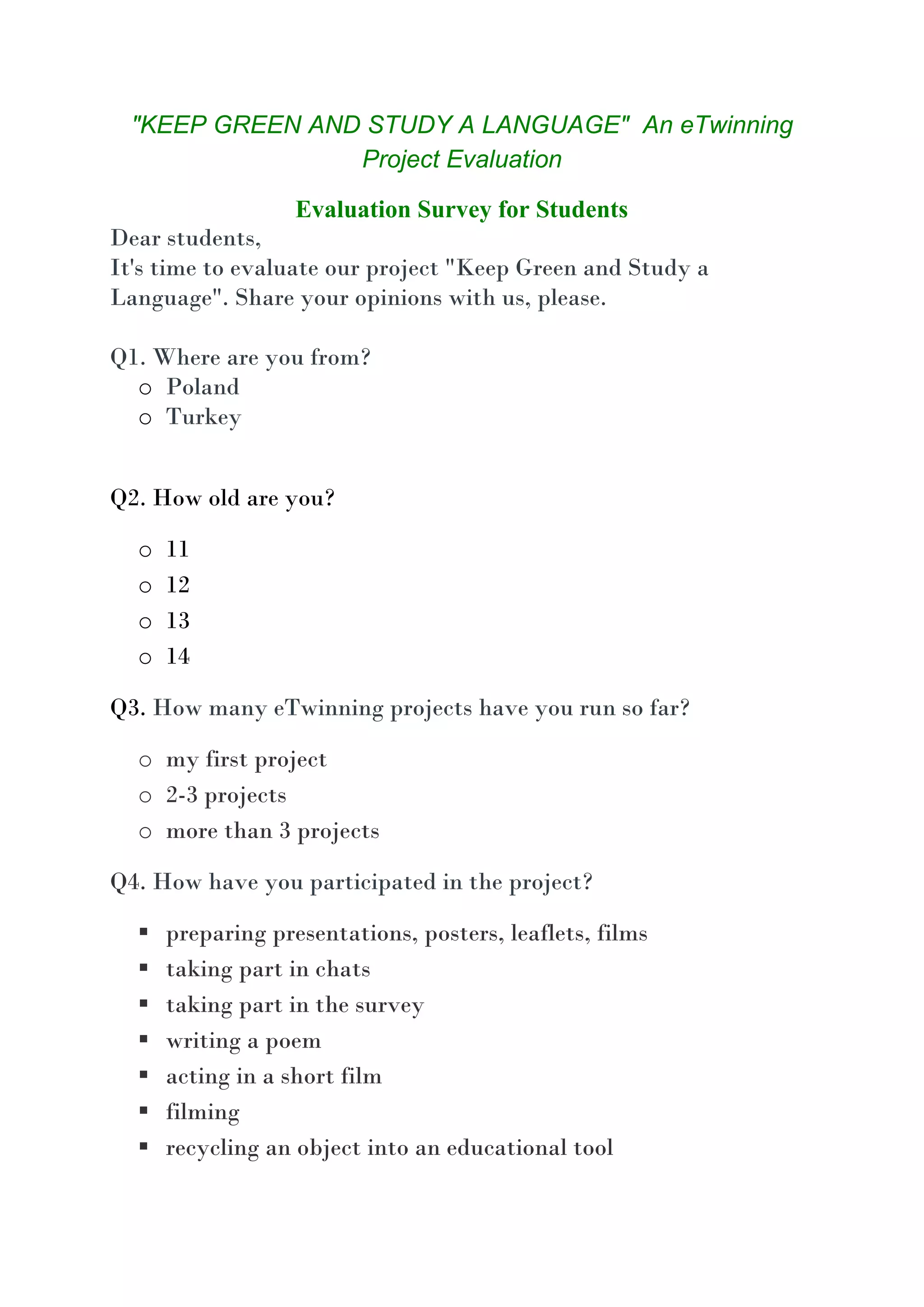 Questionnaire Sample For Student Feedback