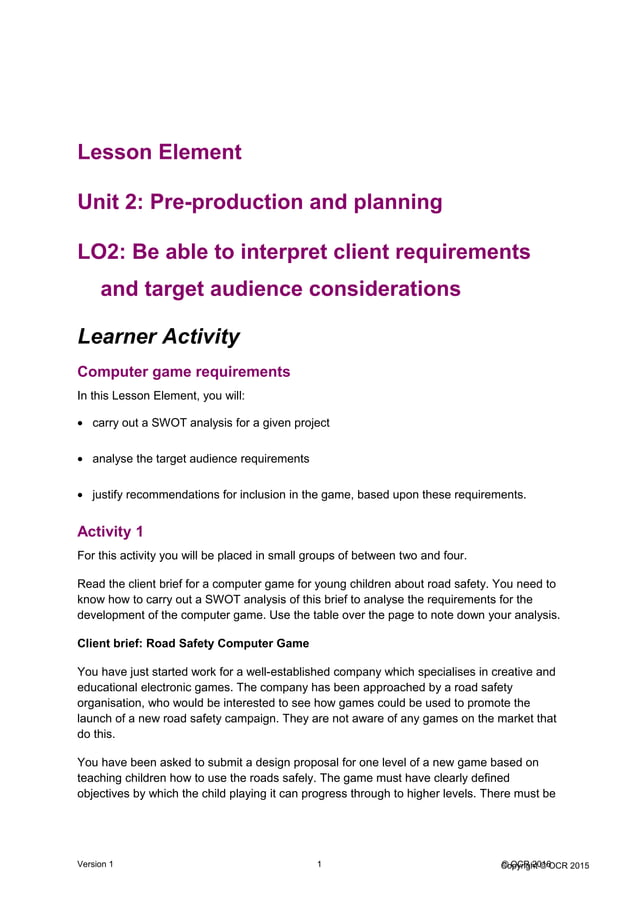 Student task unit 2 lesson elelement computer game requirements | PDF