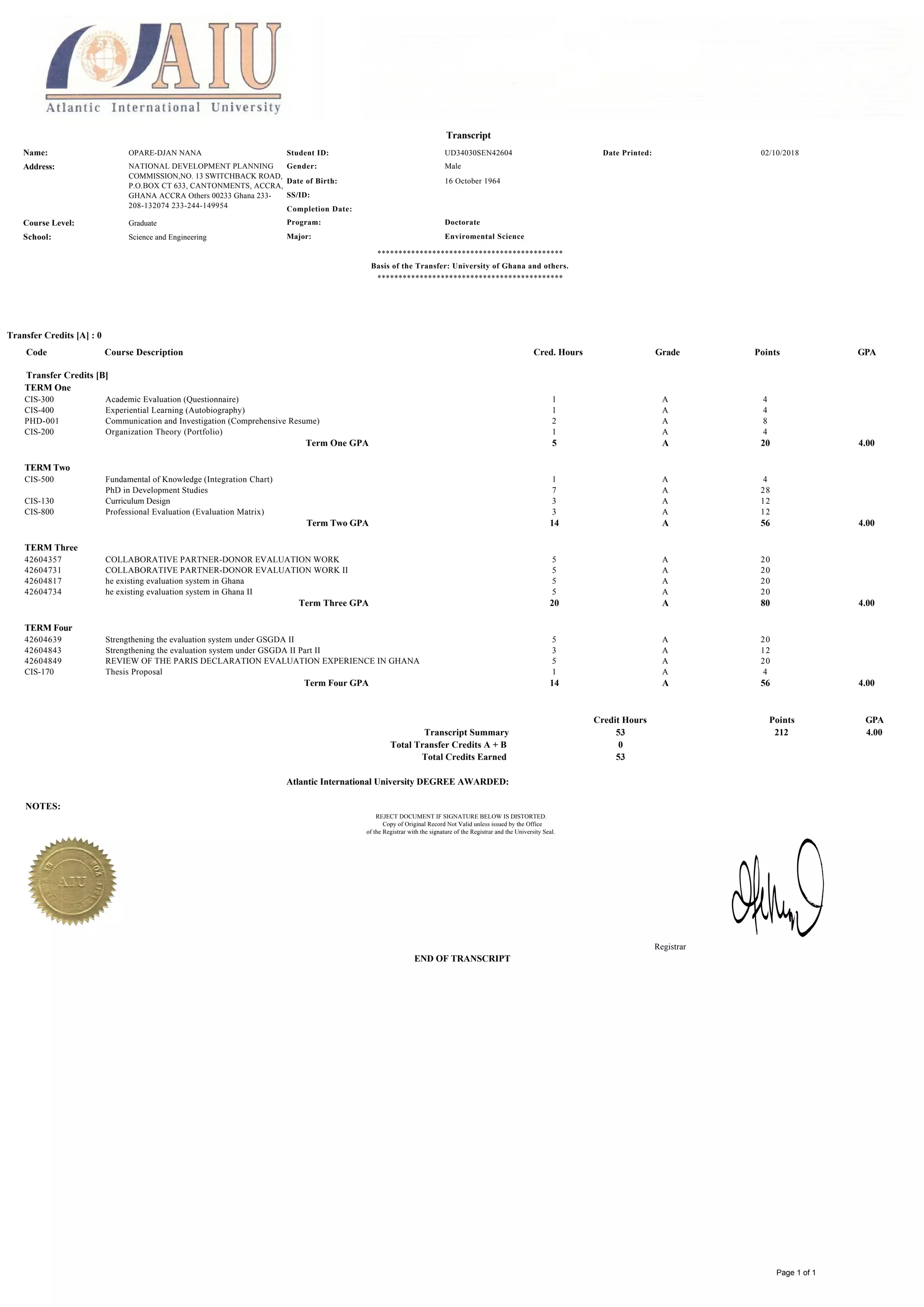 Student transcript | PDF