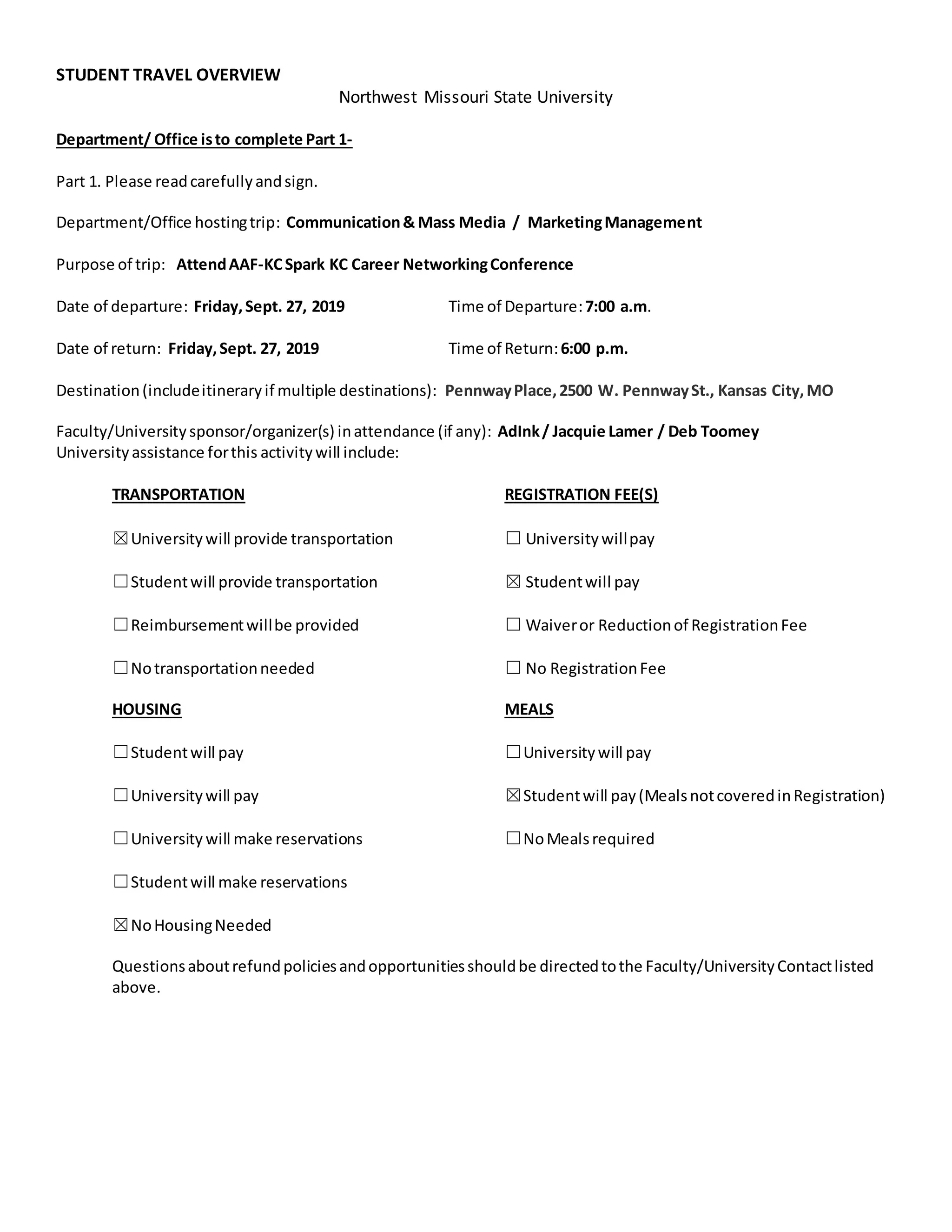 Student Travel Form for Spark KC 2019 | DOCX