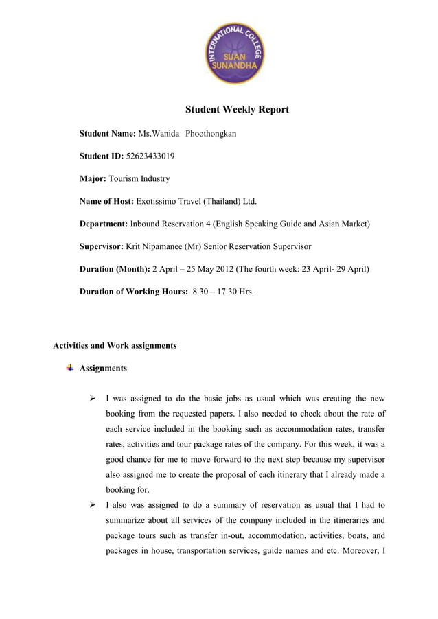 Student weekly report_4th | DOCX | Business Travel | Travel Type