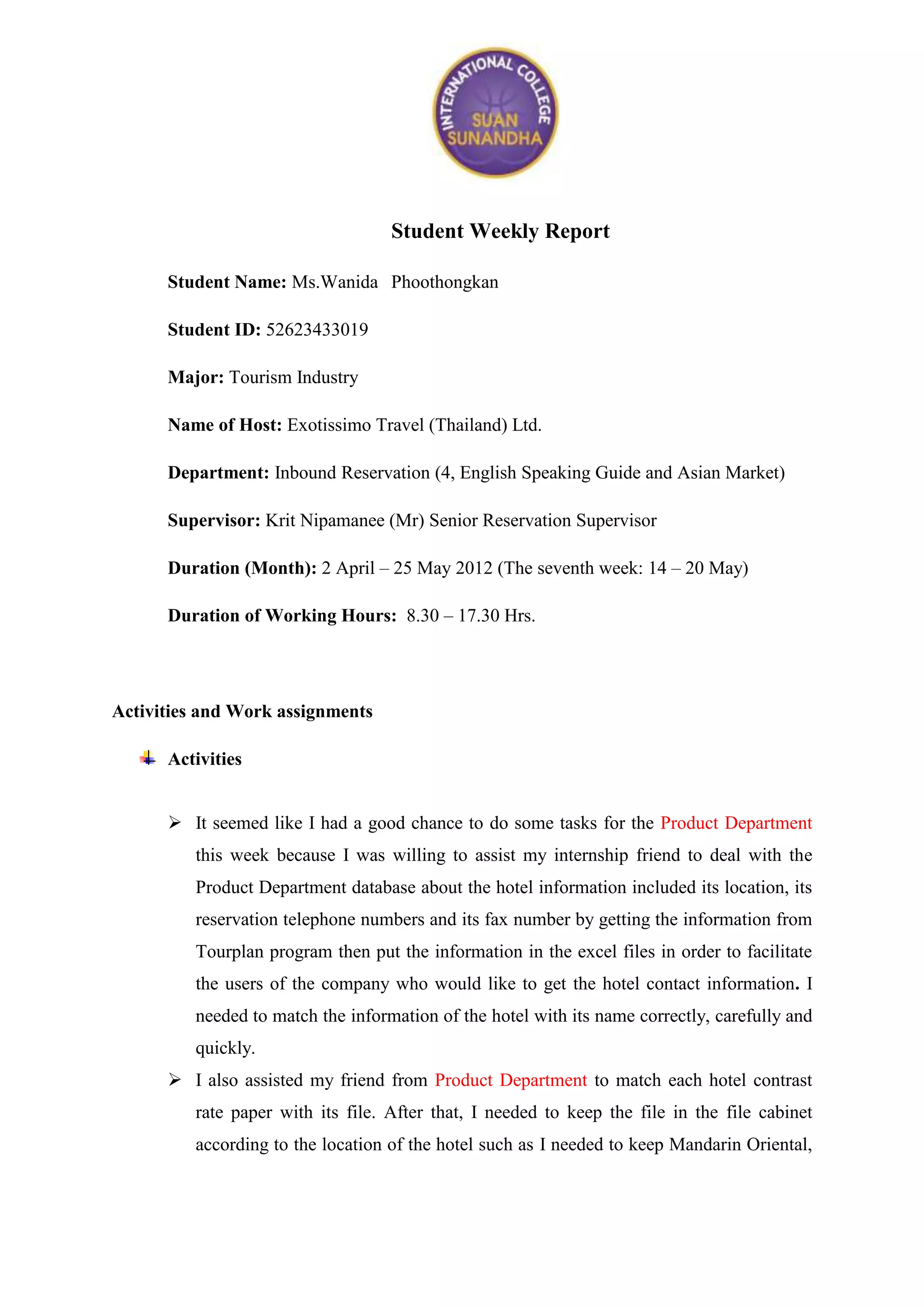 Student weekly report_7th | DOCX | Business Travel | Travel Type