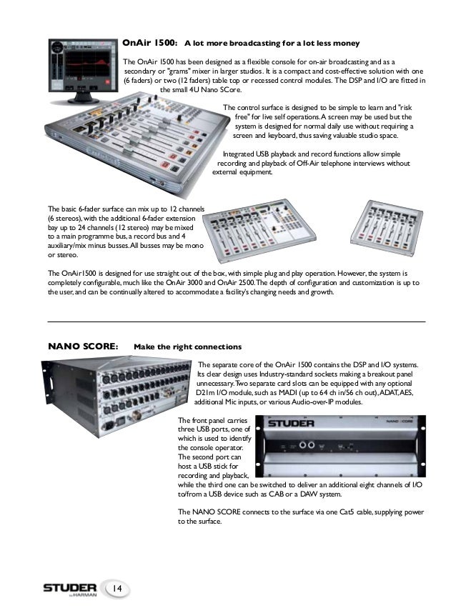 Studer range brochure including Vista 9/5/1 & OnAir 3000/2500/1500