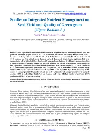Studies on Integrated Nutrient Management on Seed Yield and Quality of ...