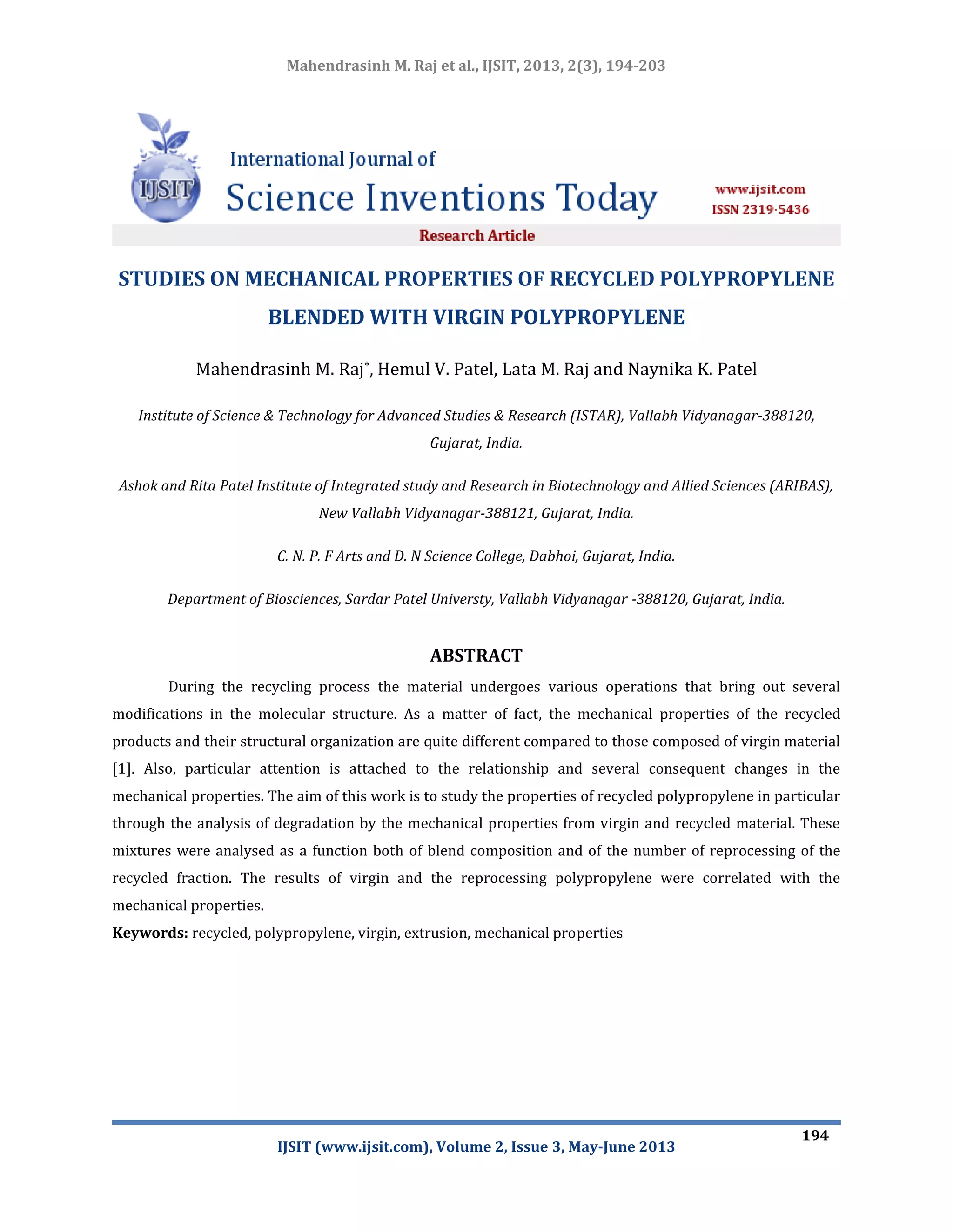 Studies on mechanical properties of recycled polypropylene blended with ...