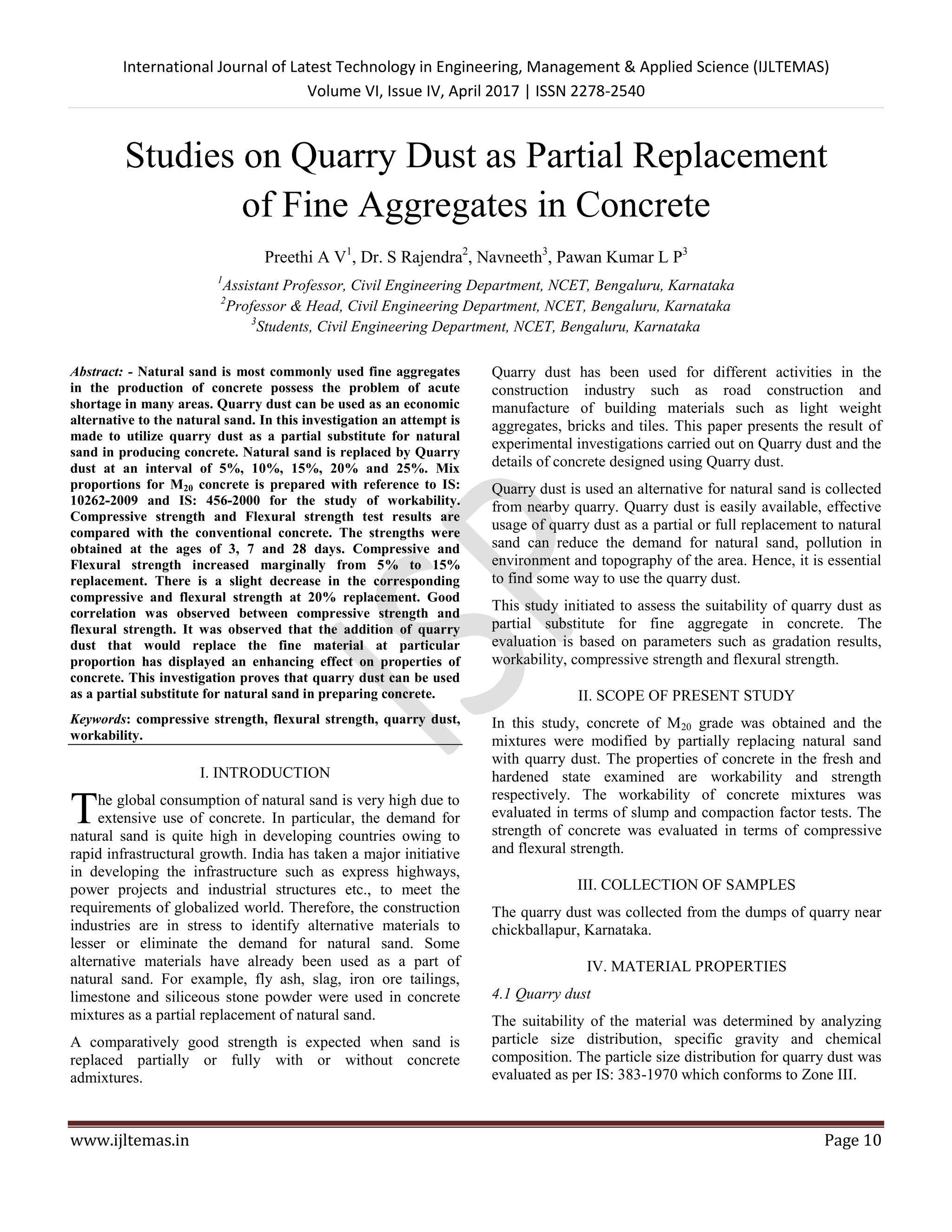 Studies on quarry dust as partial replacement of fine aggregates in ...