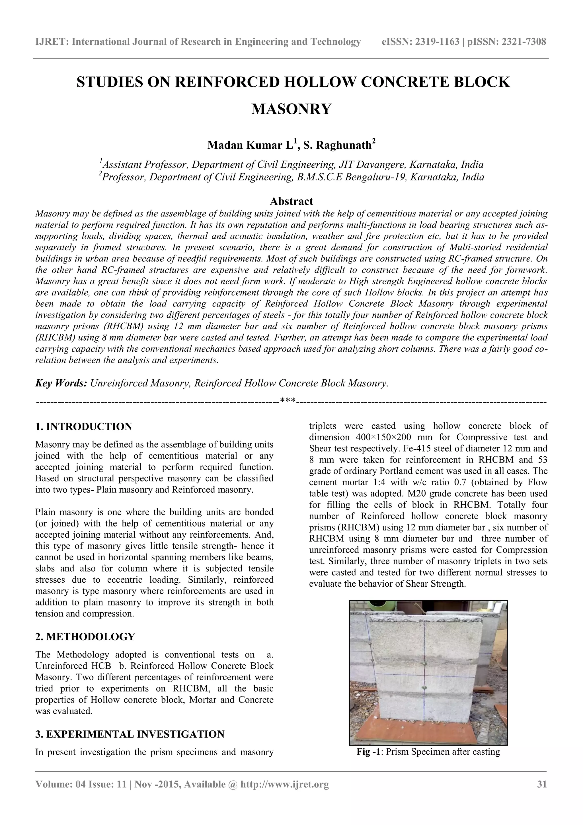 Studies on reinforced hollow concrete block masonry | PDF