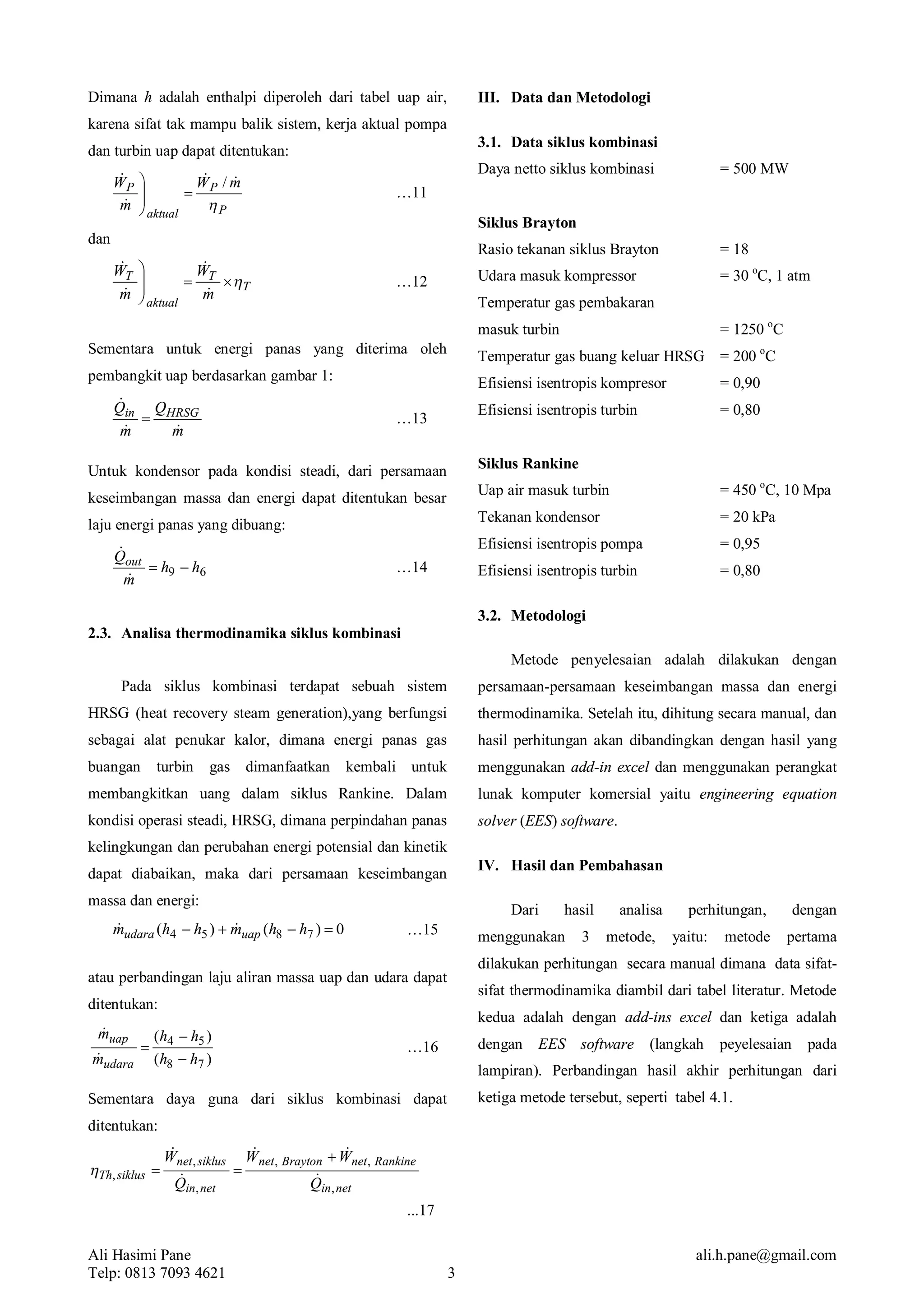 Studi kasus siklus kombinasi (Siklus Brayton dan Rankine) menggunakan ...