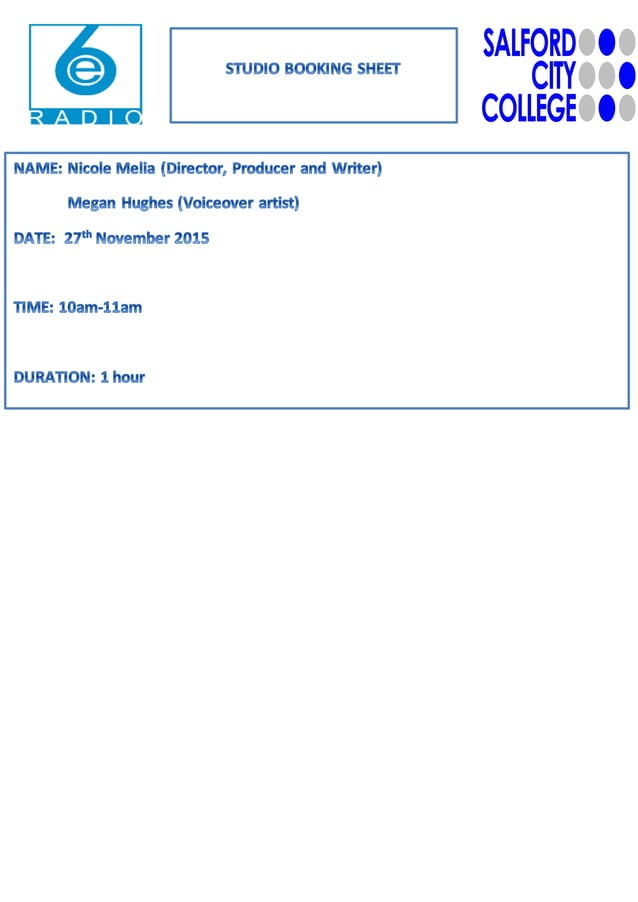 Studio booking sheet | PDF