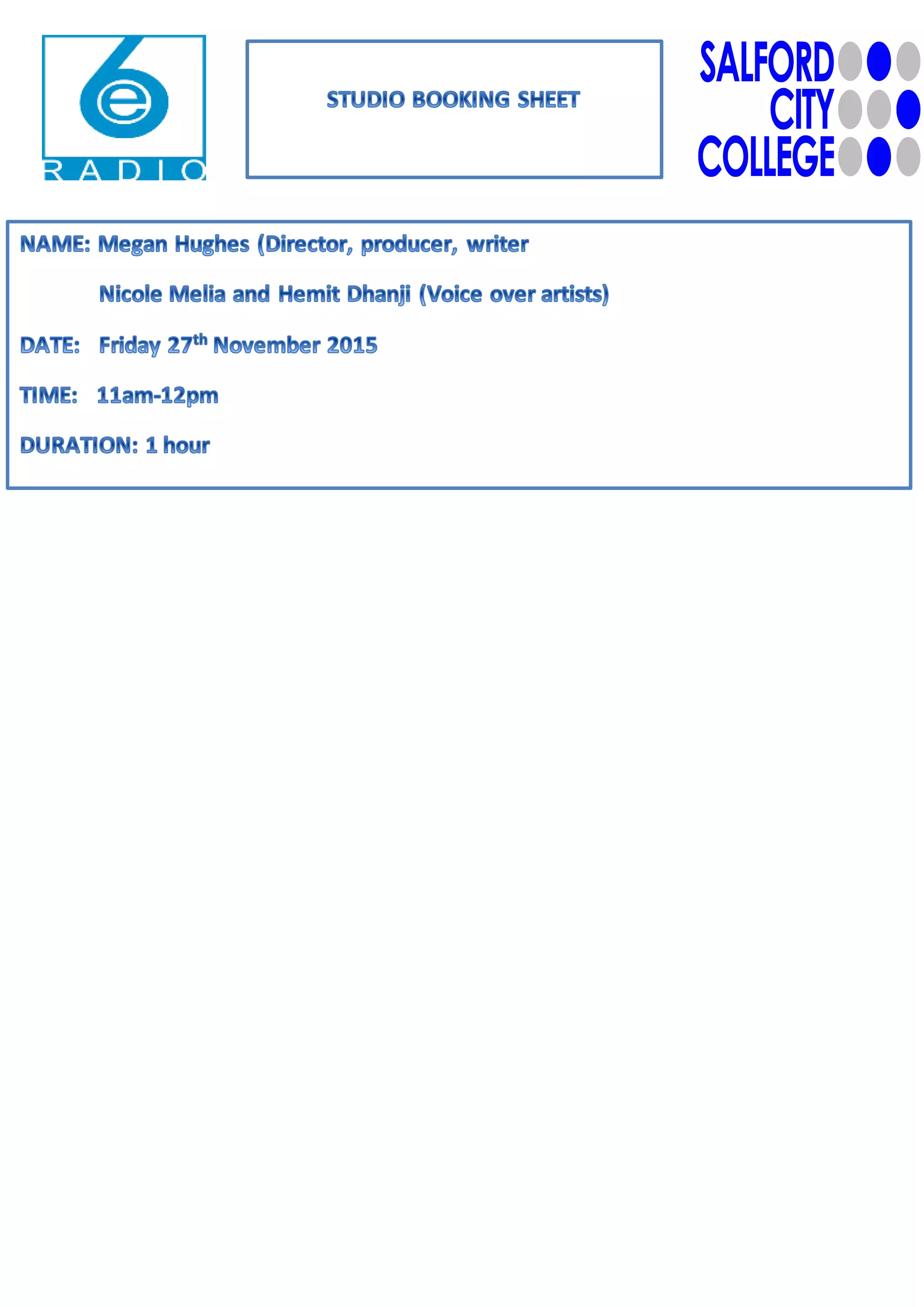 Studio booking sheet | DOCX