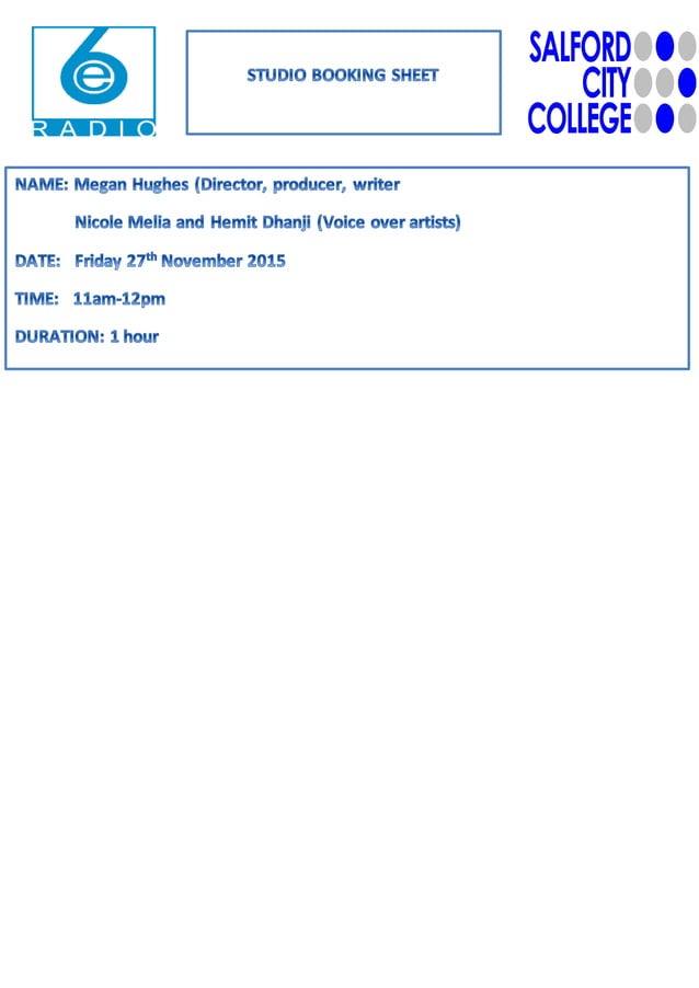 Studio booking sheet | DOCX