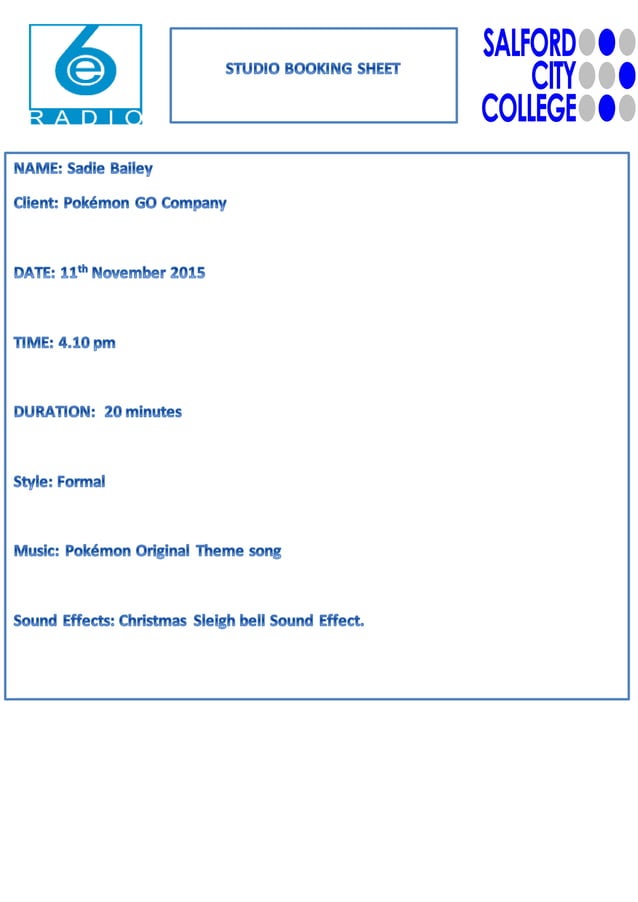 Studio booking sheet | DOCX