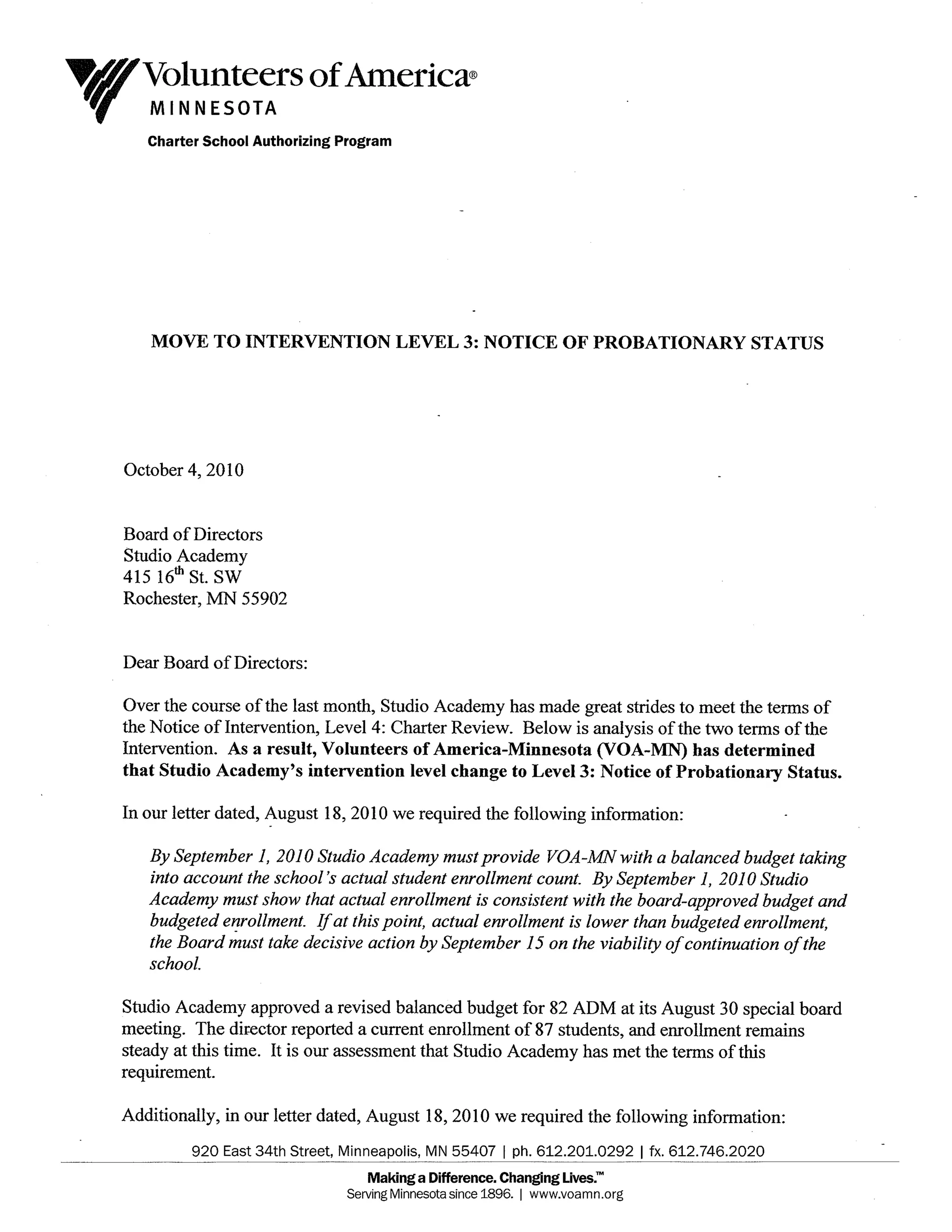 Studio Academy notice of probationary status | PDF