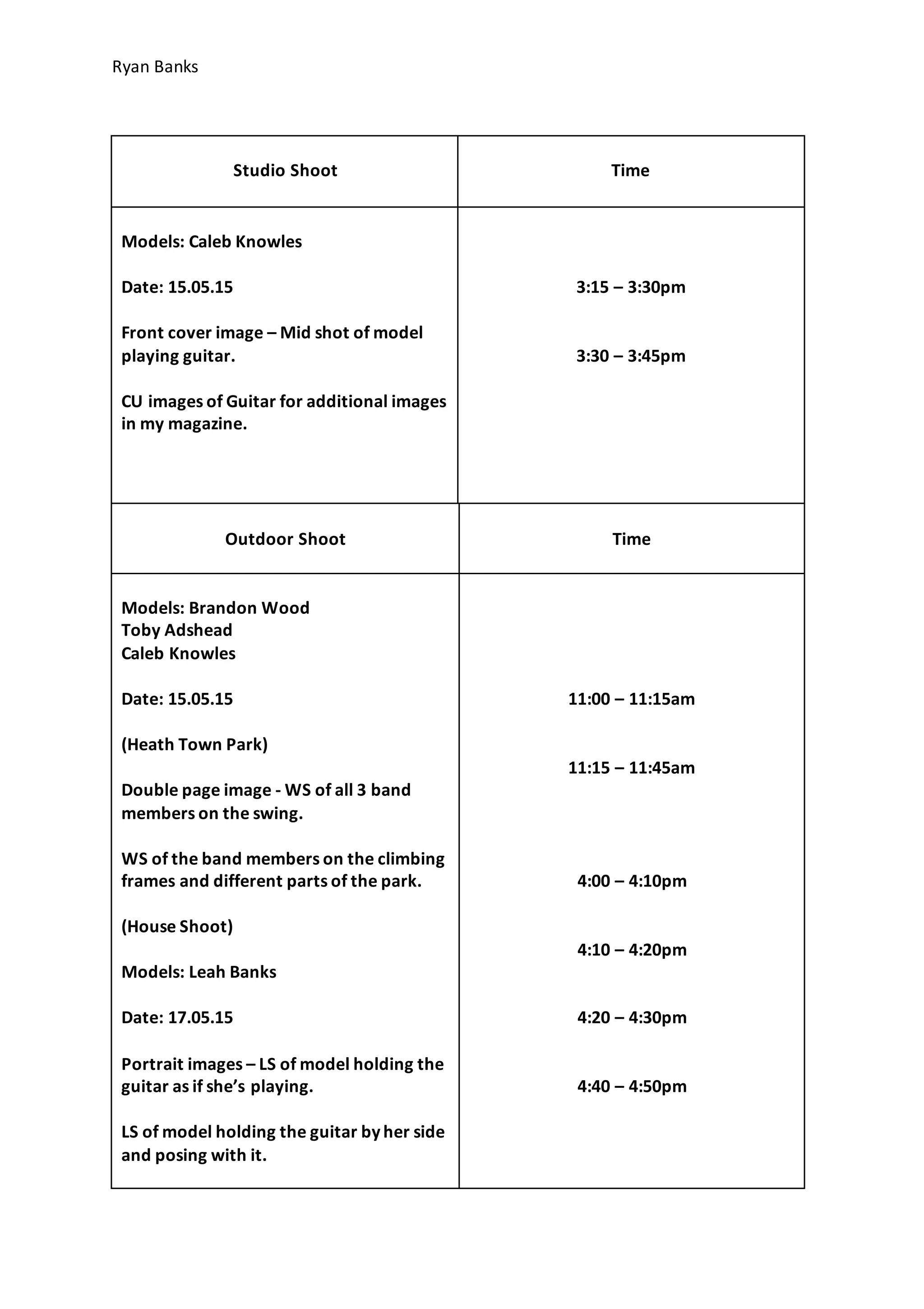 Studio shoot time table | DOCX