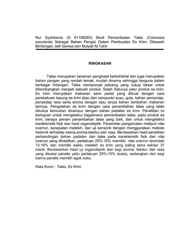 Studi pemanfaatan talas dalam pembuatan es krim | DOCX