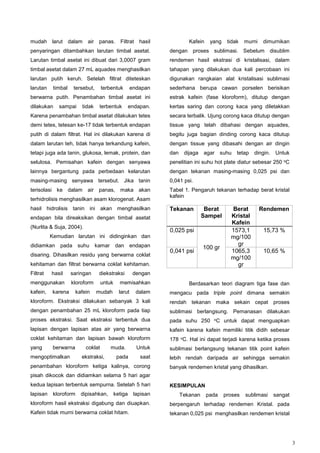Studi tekanan (pressure) sublimasi terhadap rendemen kristal kafein ...