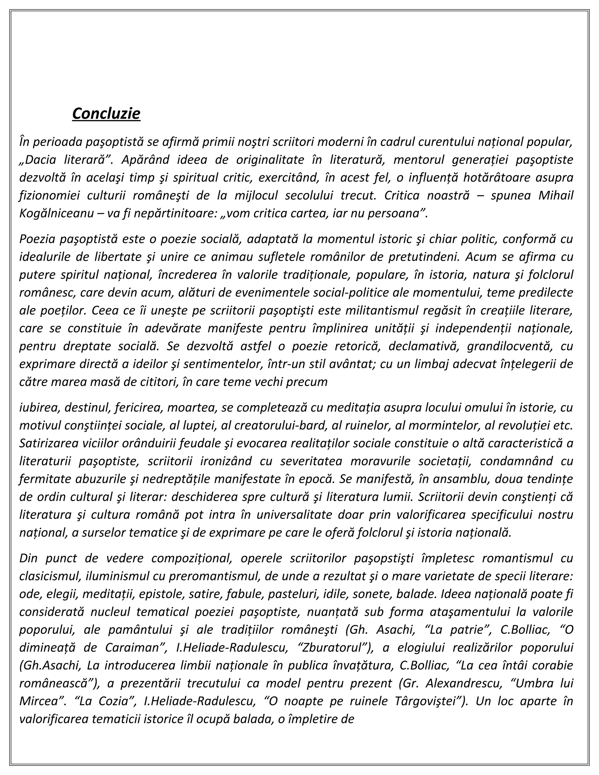 Rolul literaturii in perioada Pasoptista | DOC