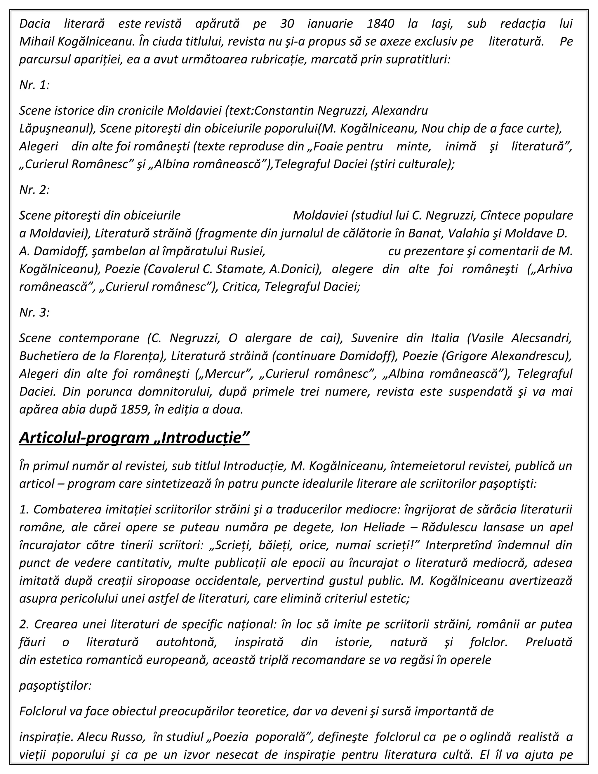 Rolul literaturii in perioada Pasoptista | DOC