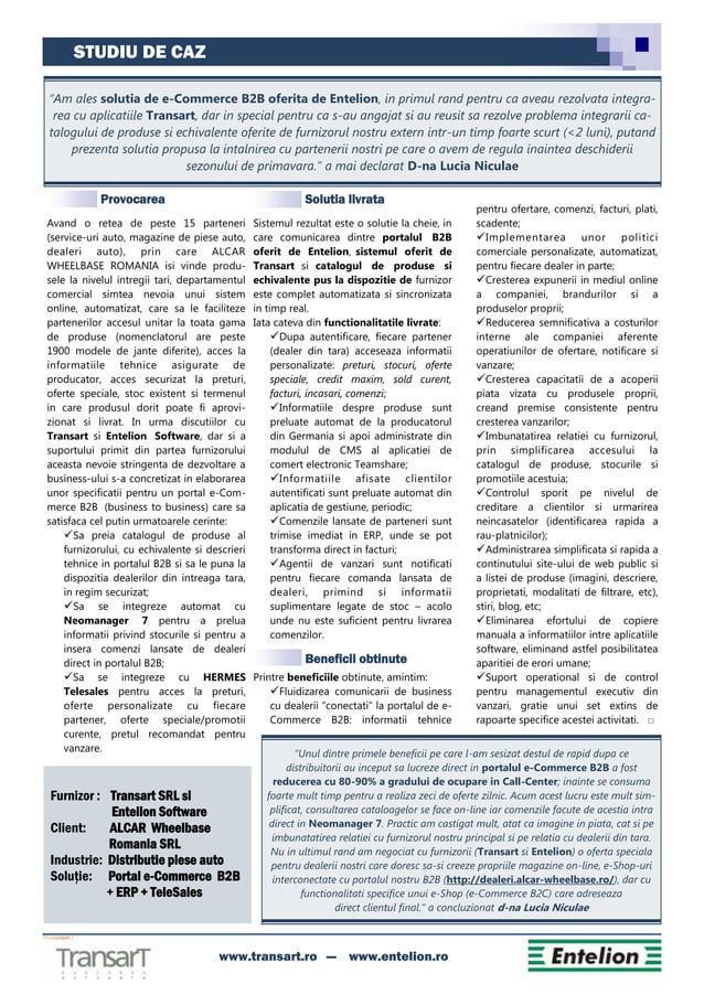 Studiu Caz E Commerce B2 B Alcar Wheelbase Romania Transart Entelion | PDF