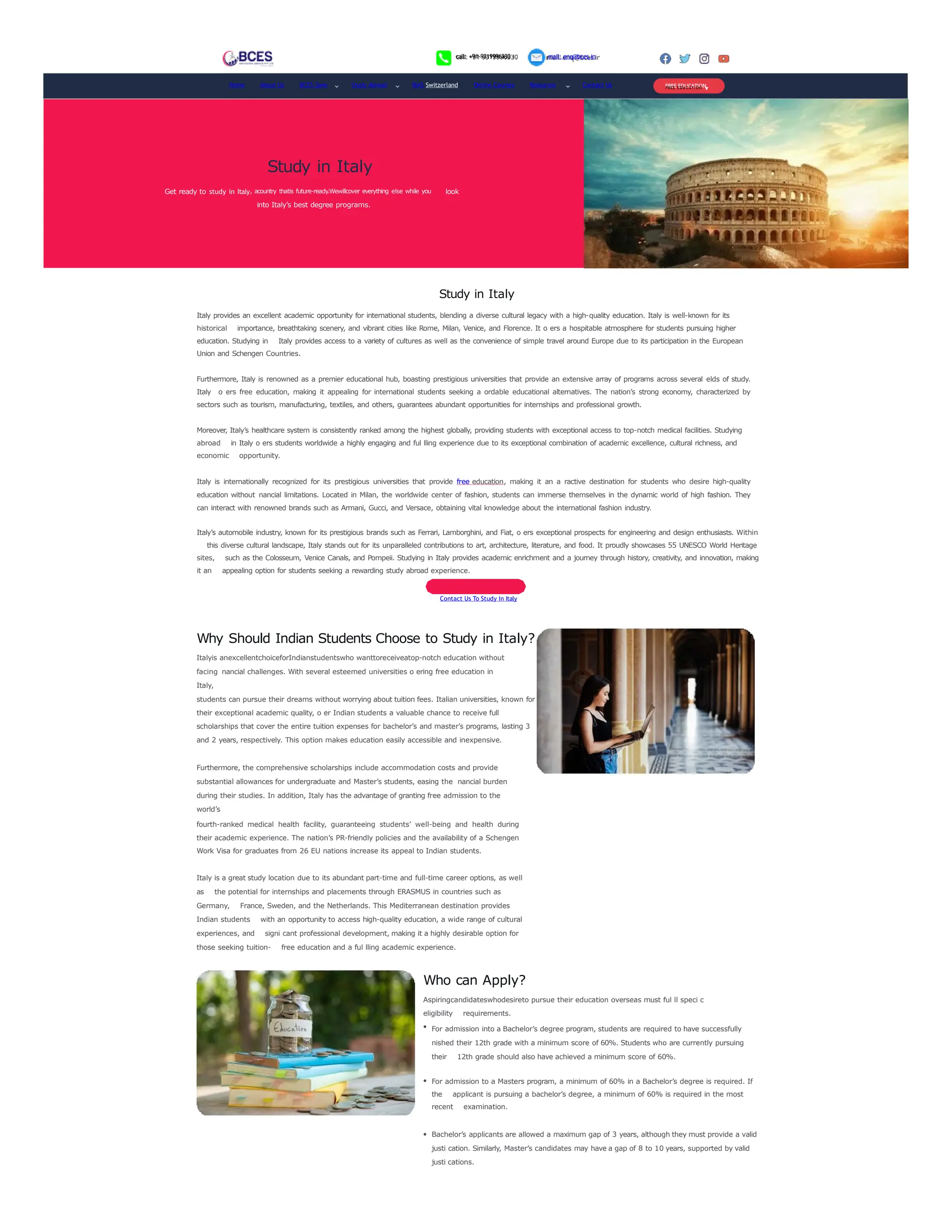 Study in Italy for Indian Students | Free Education | BCES | PPTX