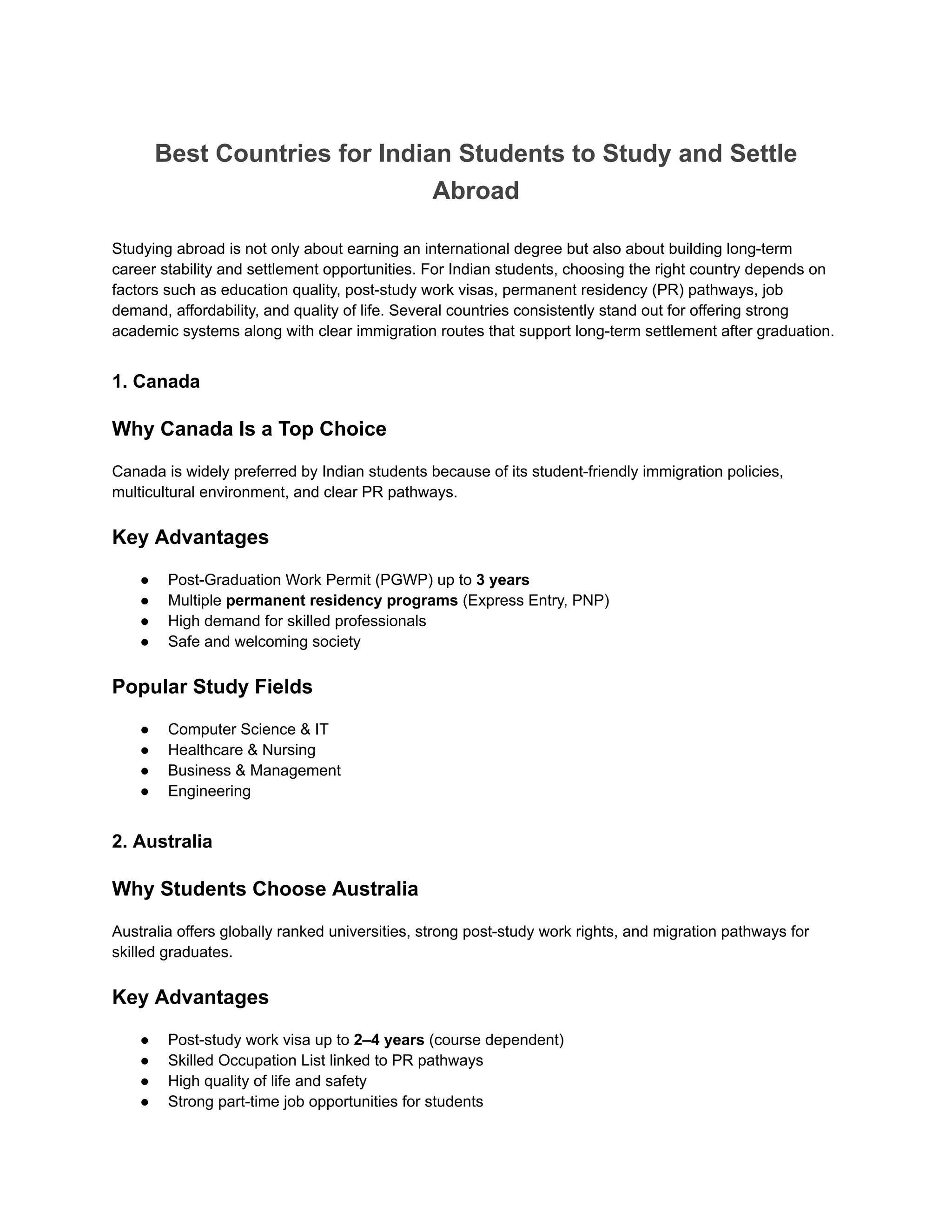 Best Countries for Indian Students to Study and Settle Abroad | PDF