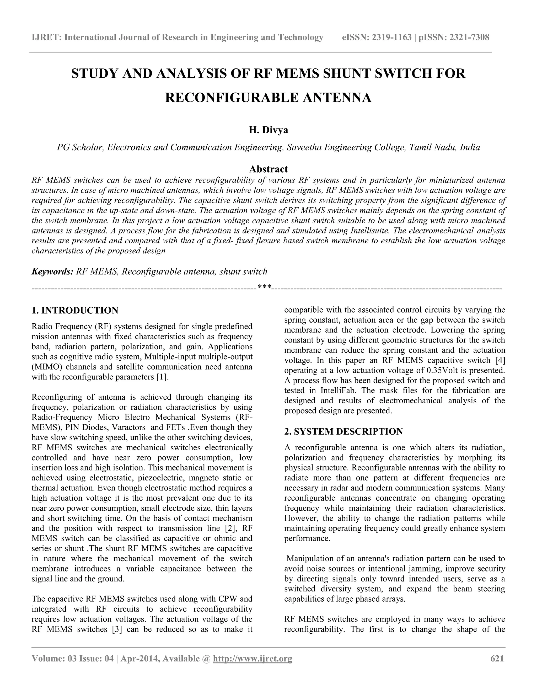 Study and analysis of rf mems shunt switch for reconfigurable antenna | PDF