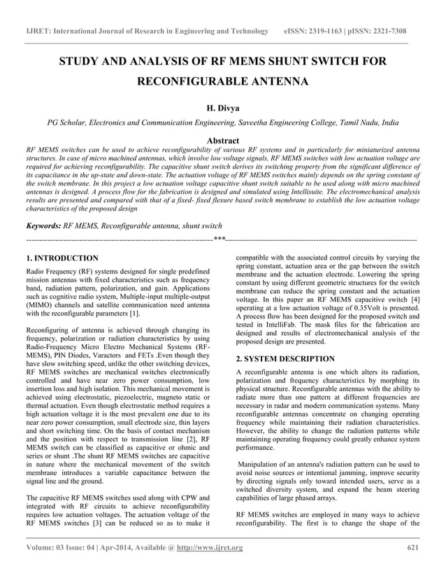 Study and analysis of rf mems shunt switch for reconfigurable antenna | PDF