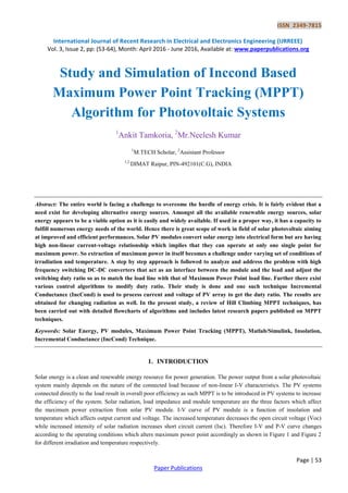 Study and Simulation of Inccond Based Maximum Power Point Tracking (MPPT) Algorithm for ...