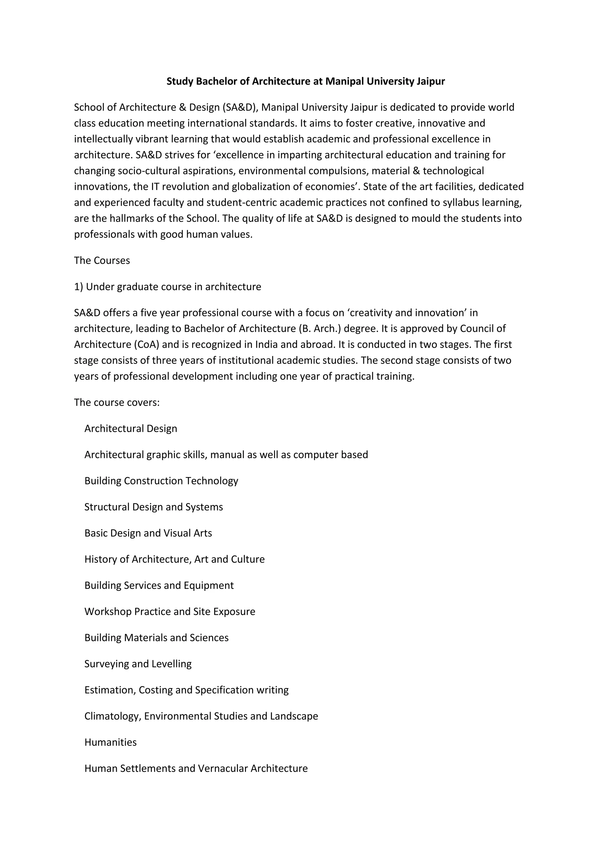 Study bachelor of architecture at manipal university jaipur | DOCX