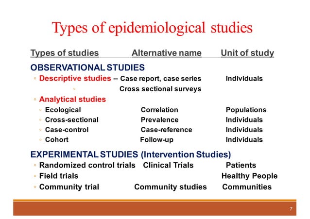 Study designs, Epidemiological study design, Types of studies | PDF