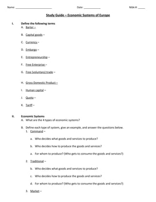 Study Guide - Economic Systems | PDF