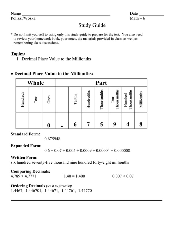 Study Guide Decimal Place Value | PDF
