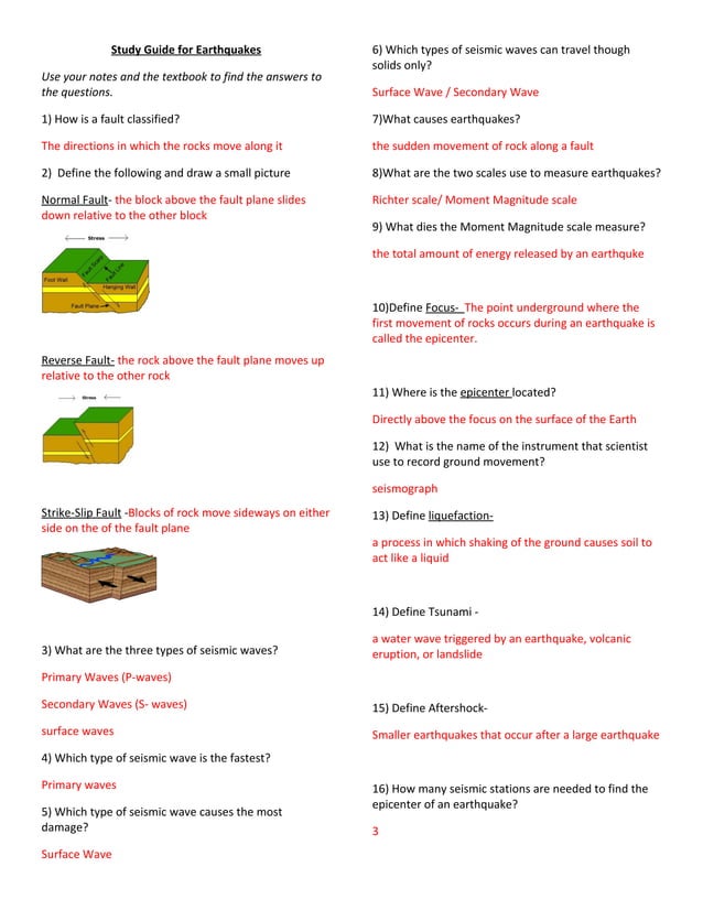 Study guide for earthquakes with answers | DOC | Geology | Science