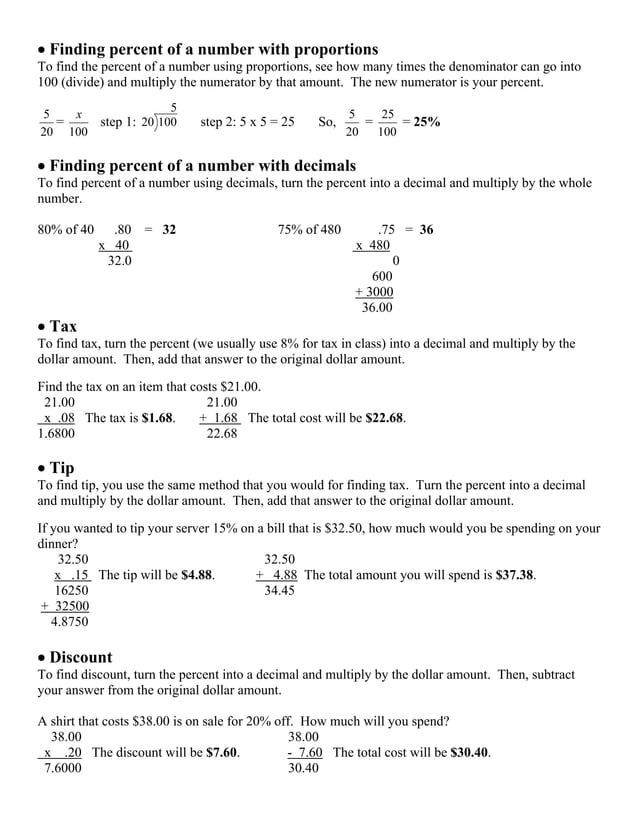 Study Guide For Percents Test | PDF