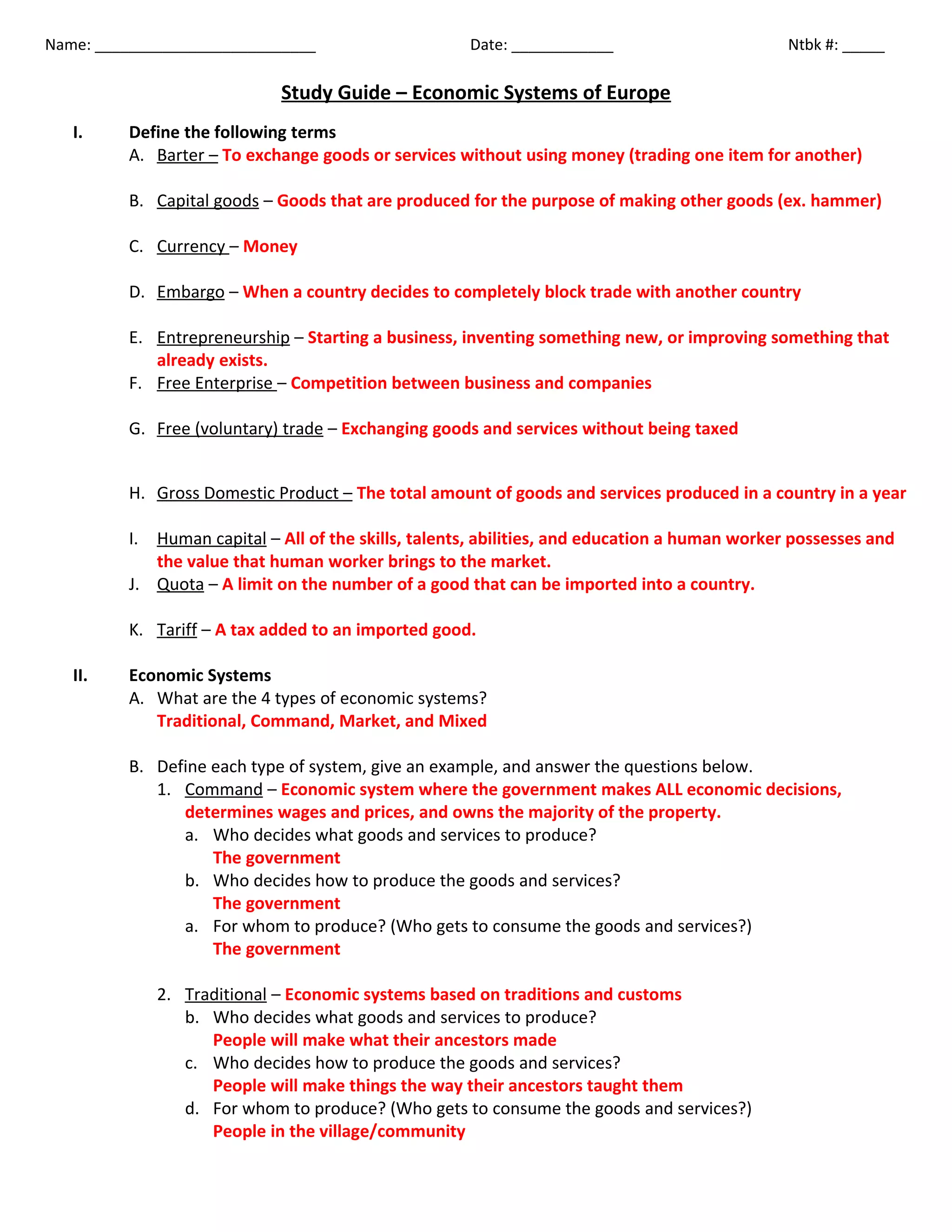 Study Guide (KEY) - Economic Systems | PDF