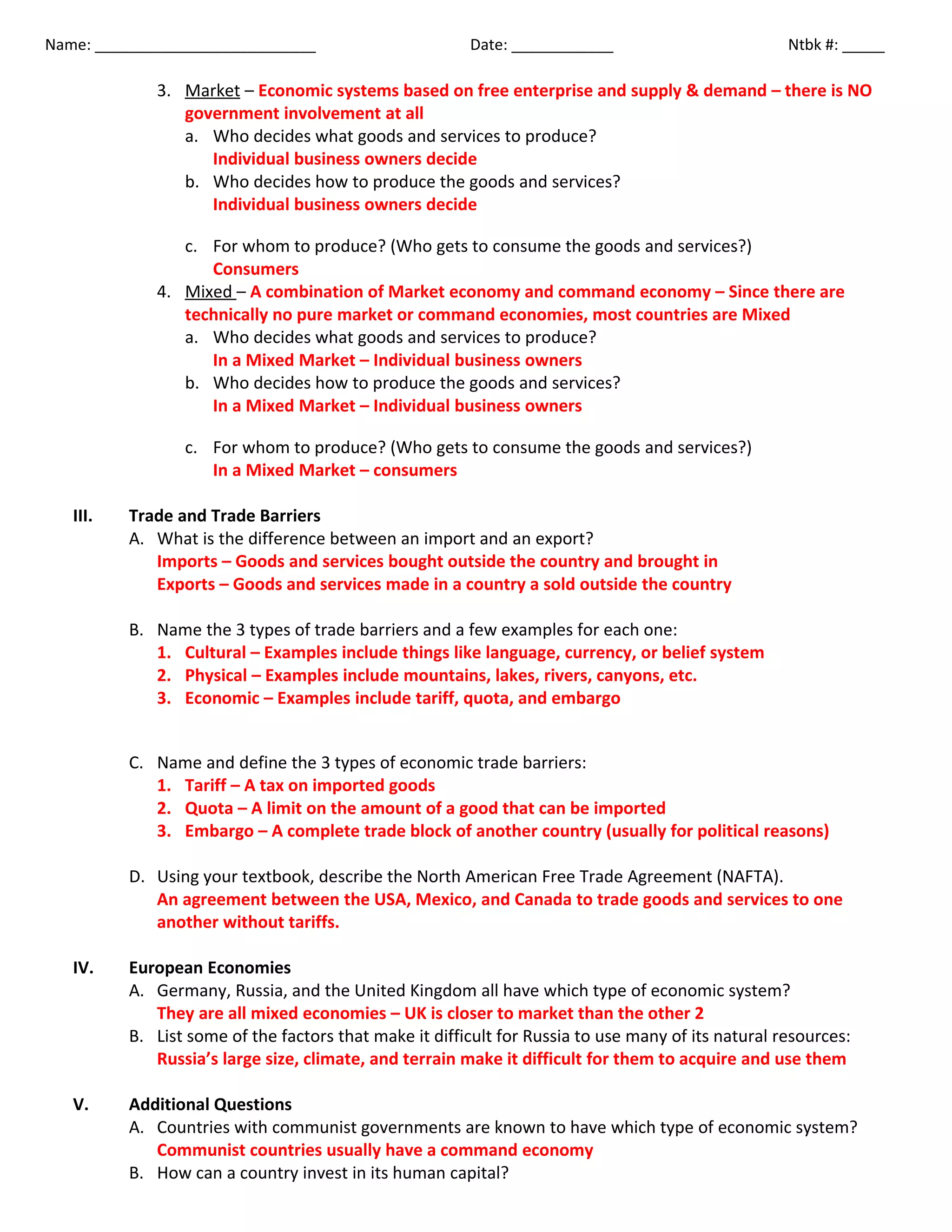 Study Guide (KEY) - Economic Systems | PDF