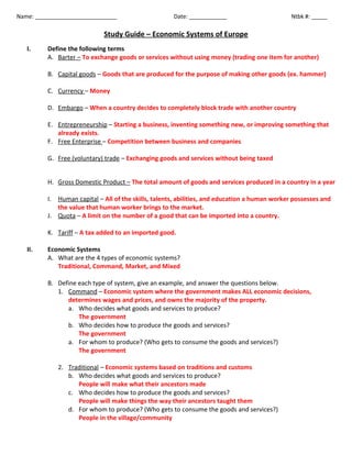 Study Guide (KEY) - Economic Systems | DOC