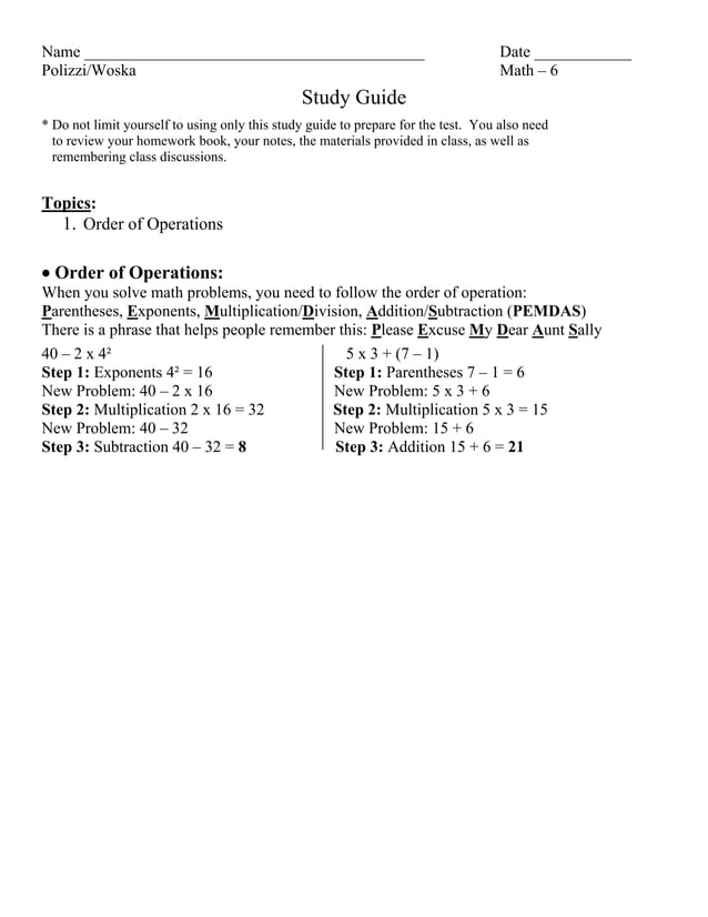 Study Guide Order Of Operations | PDF