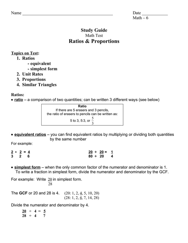 Study Guide Ratio Proportions | PDF