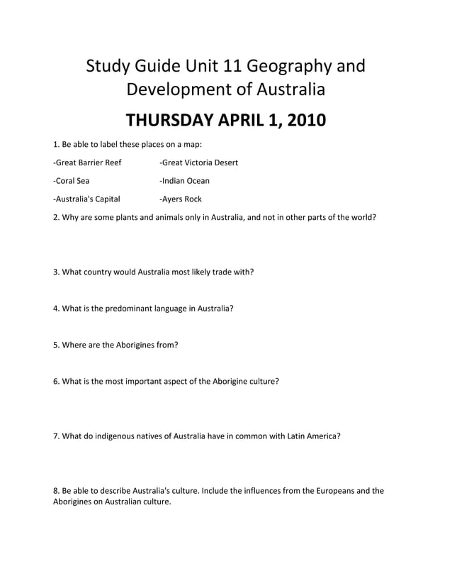 Study Guide Unit 11 Geography And Development Of Australia | DOCX ...